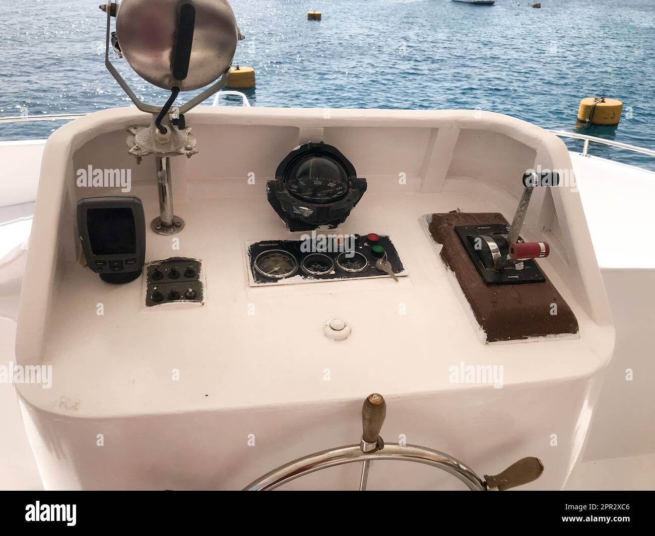 Captain's cabin on the ship, boat, cruise liner with a steering wheel ...