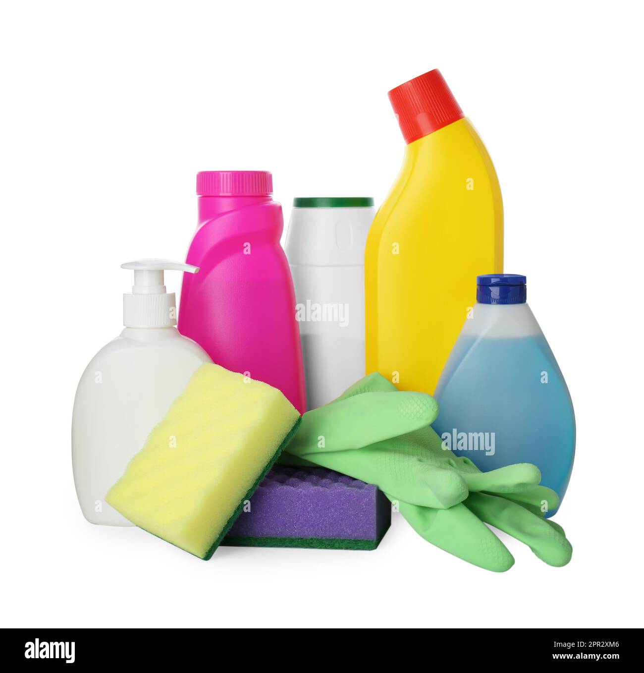 Set of different cleaning supplies and tools on white background Stock ...