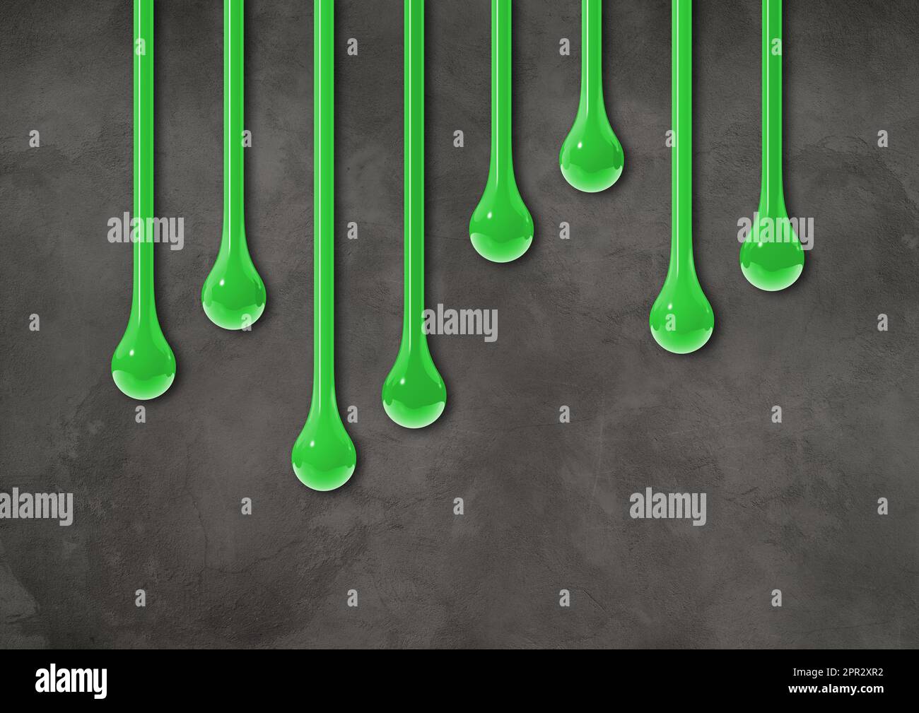 Green ink drops isolated on dark concrete wall. Horizontal wallpaper ...