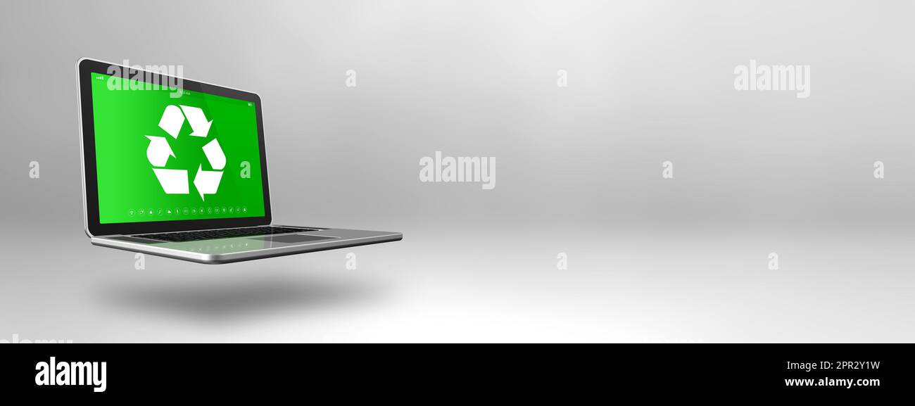 Laptop computer with a recycling symbol on screen. environmental ...