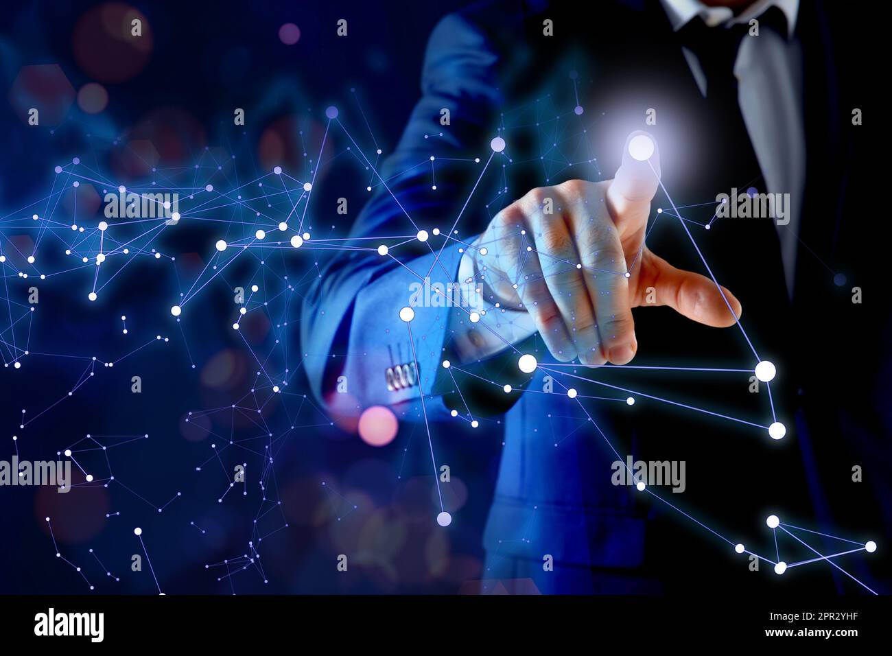 Man using virtual screen with connection lines presenting innovation ...