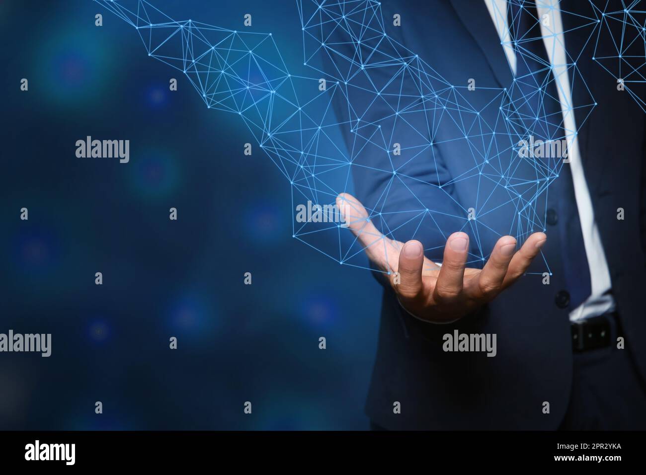 Man and image of virtual connection lines presenting innovation network ...
