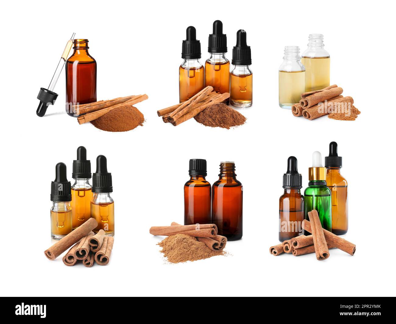 Set with bottles of natural essential oil, dry cinnamon sticks and ...