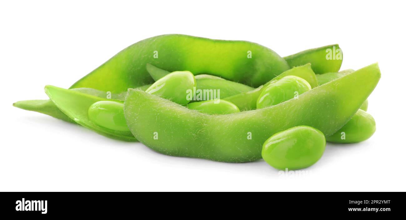 Fresh green edamame pods and beans on white background Stock Photo - Alamy