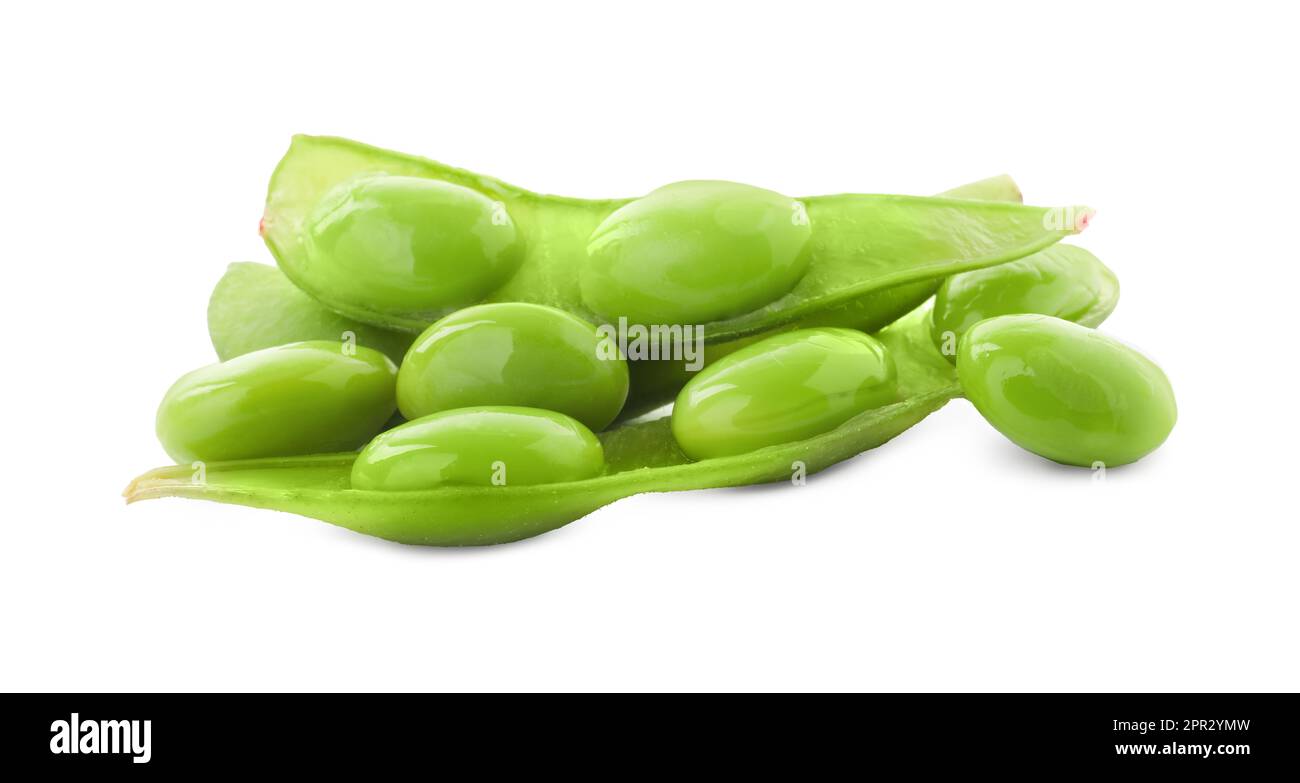 Fresh green edamame pods and beans on white background Stock Photo - Alamy