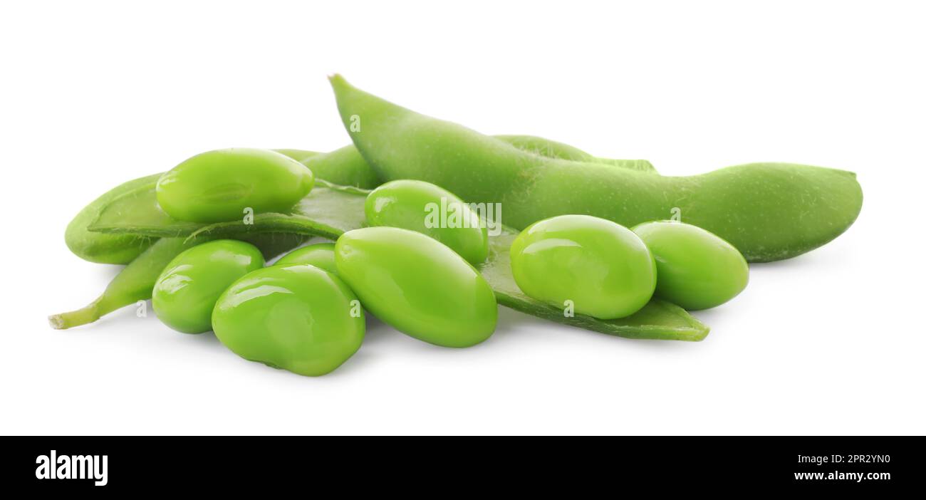 Fresh green edamame pods and beans on white background Stock Photo - Alamy
