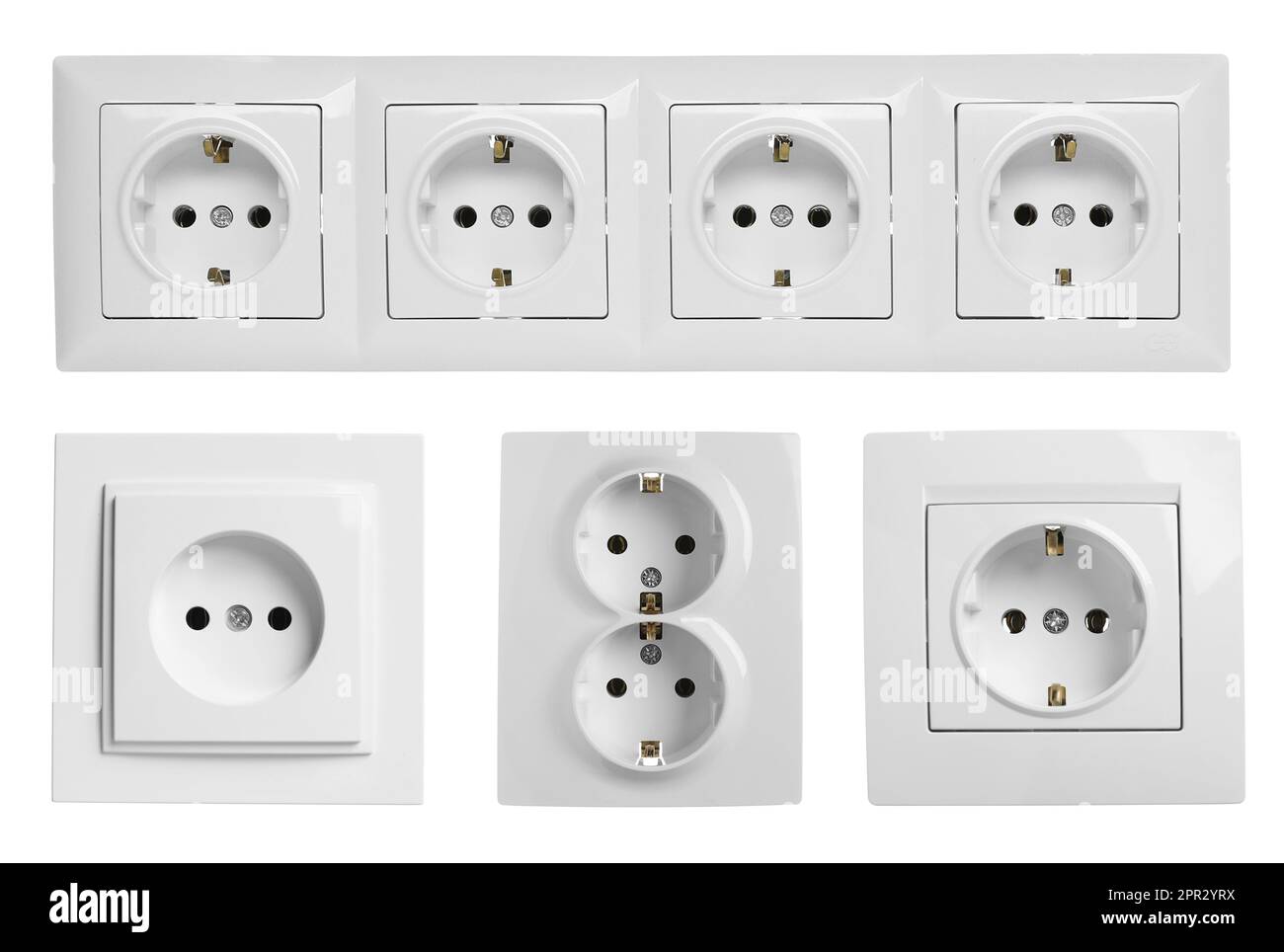 Set with plastic power sockets on white background Stock Photo - Alamy