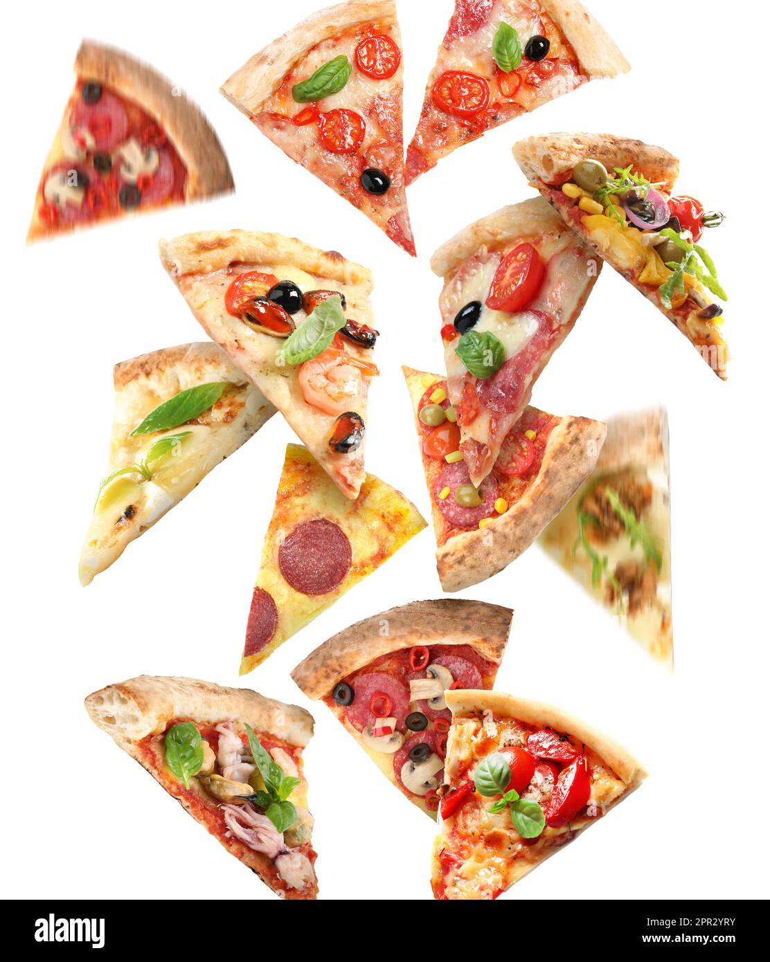 Flying slices of different pizzas on white background Stock Photo - Alamy