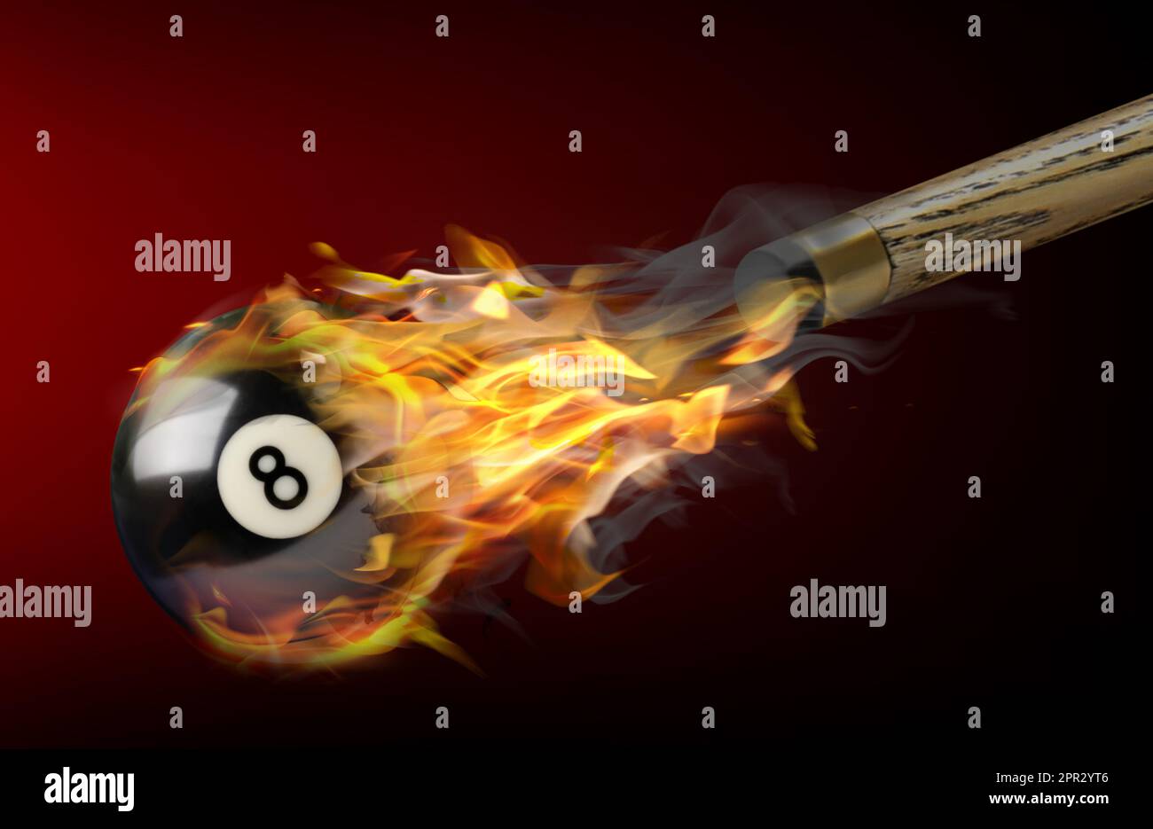 Cue and billiard ball with number 8 in fire flying on color background ...