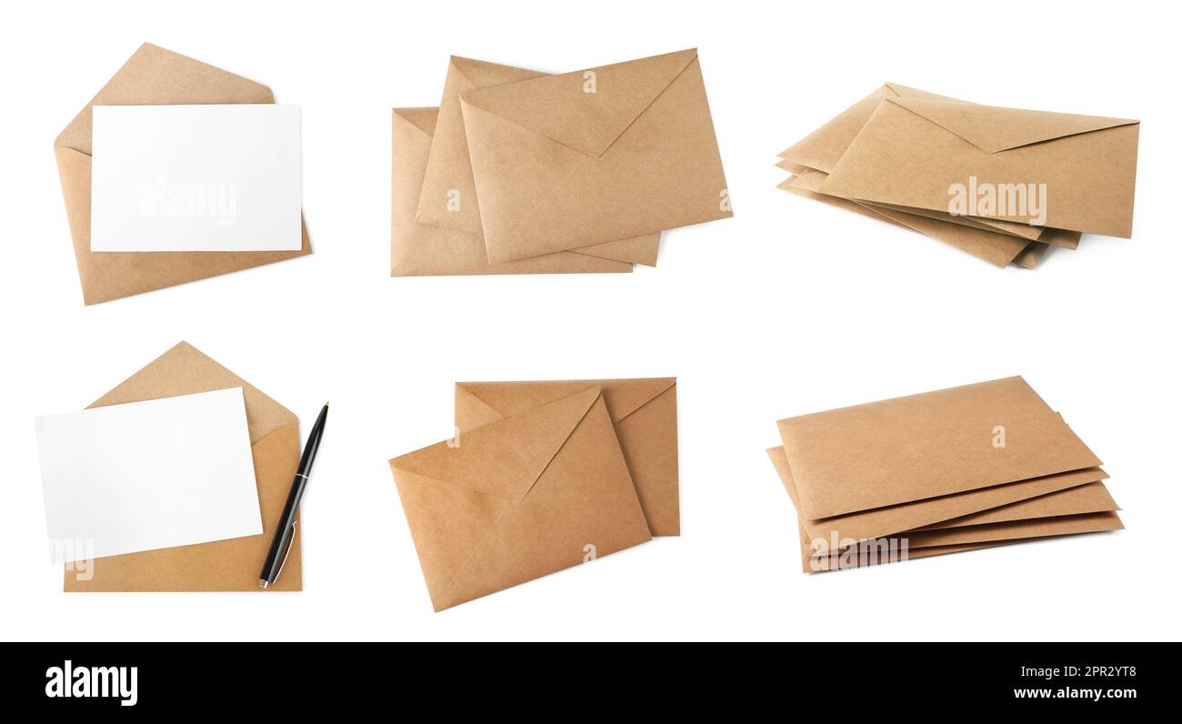 Set with letter in kraft envelopes on white background Stock Photo - Alamy