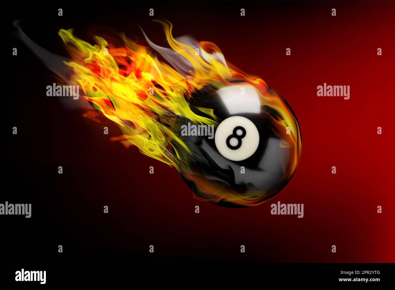 Billiard ball with number 8 in fire flying on color background Stock ...