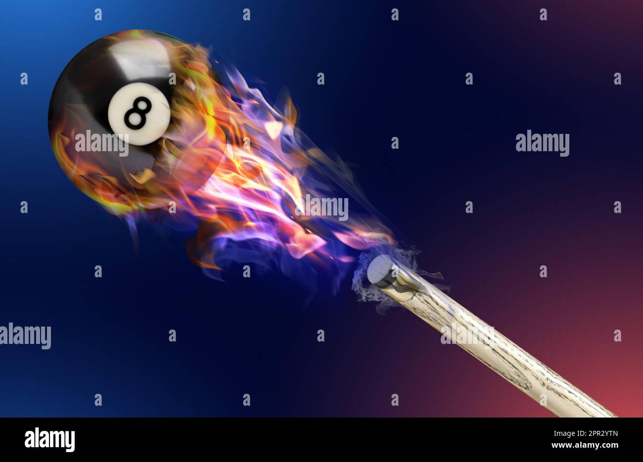 Cue and billiard ball with number 8 in fire flying on color background ...