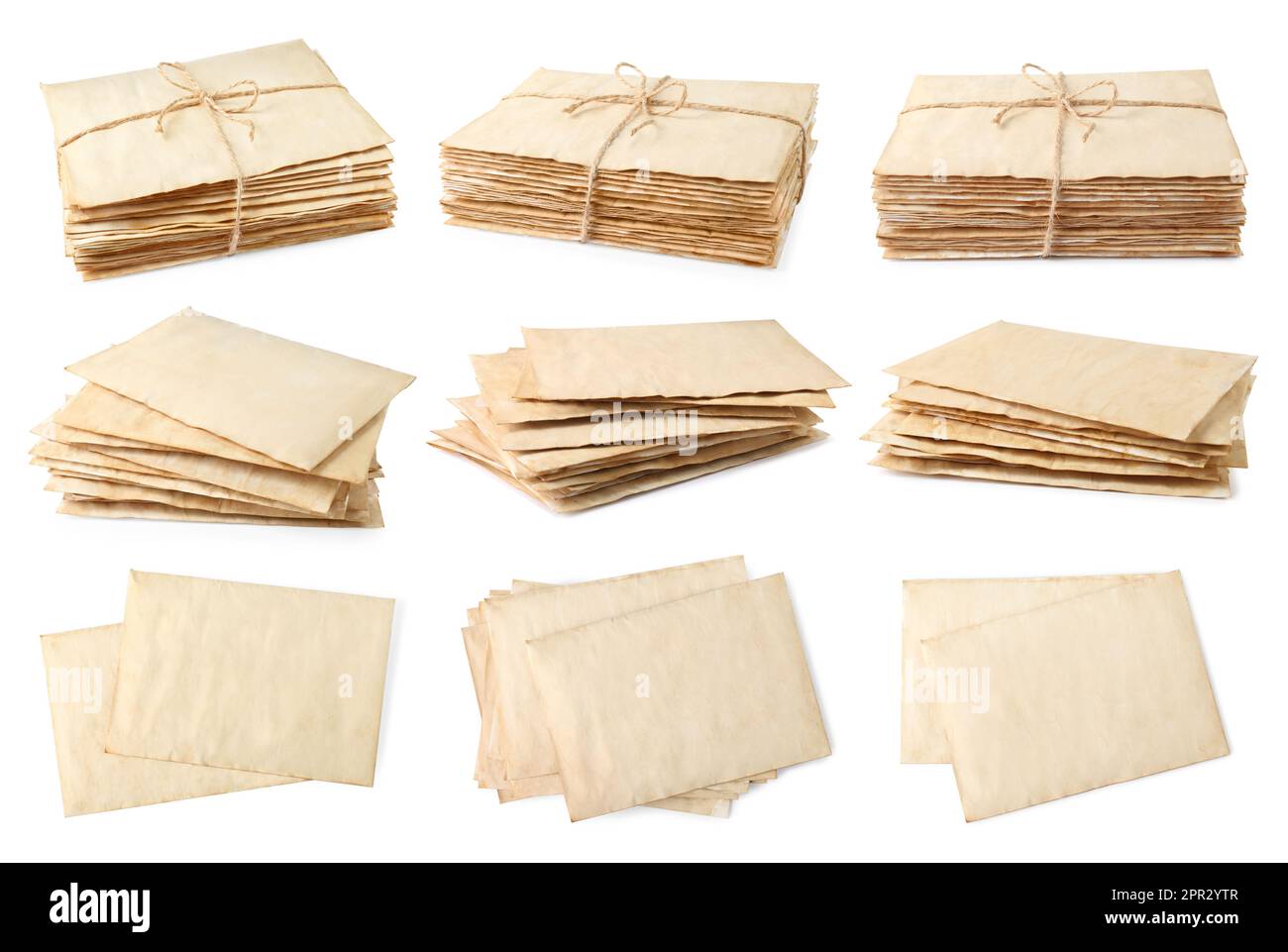 Set with stacks of old letters on white background Stock Photo - Alamy