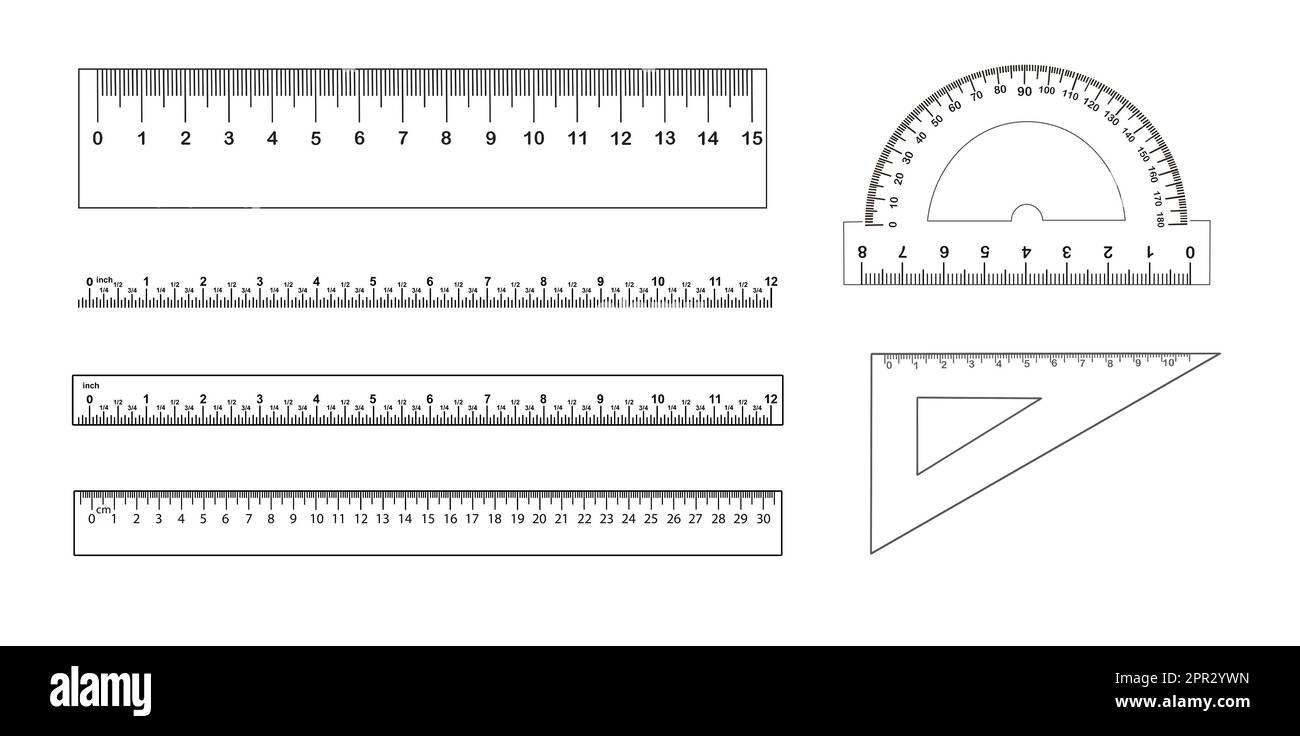 Rulers, triangle and protractor on white background, collage ...