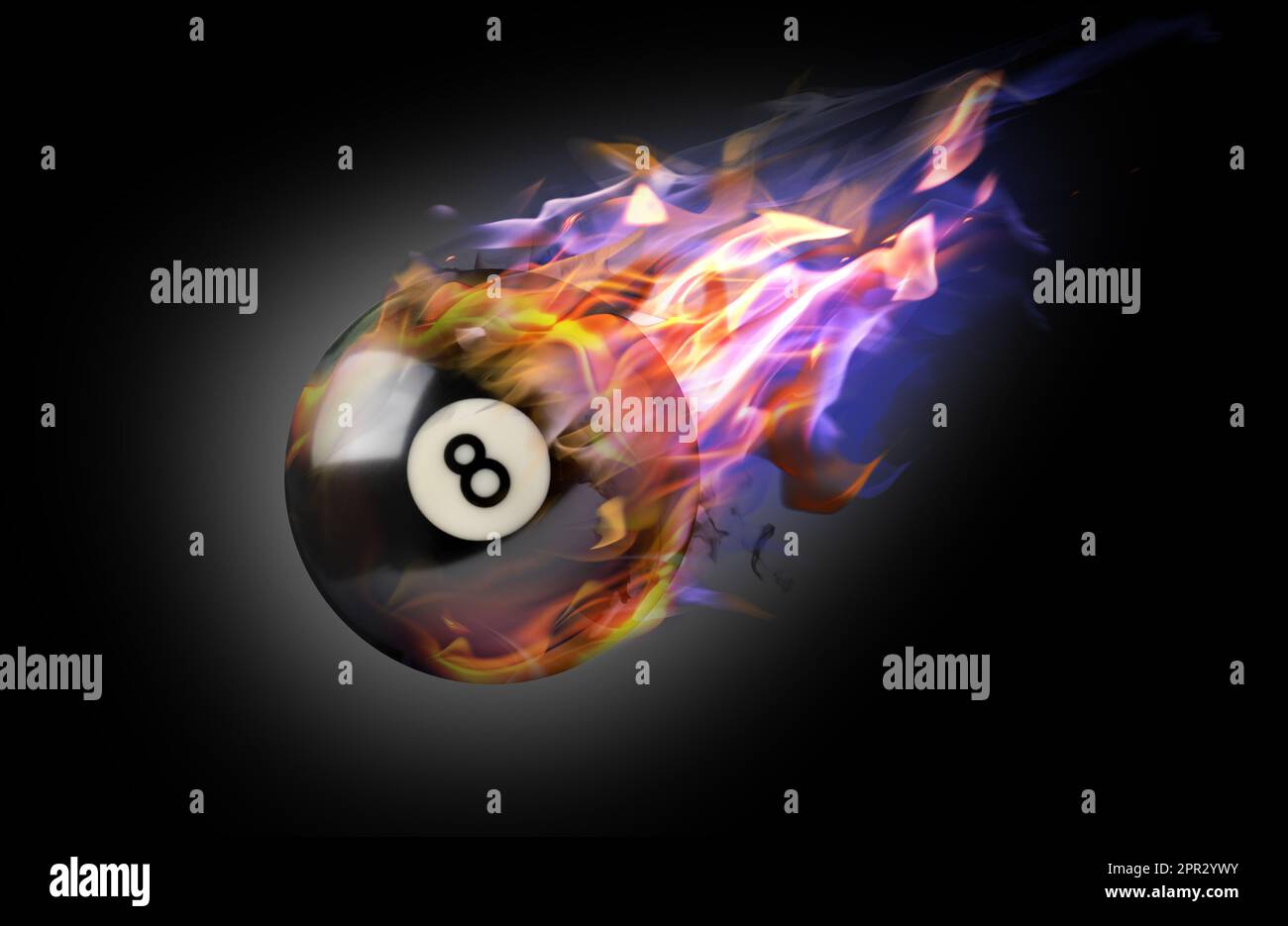 Billiard ball with number 8 in fire flying on dark background Stock ...