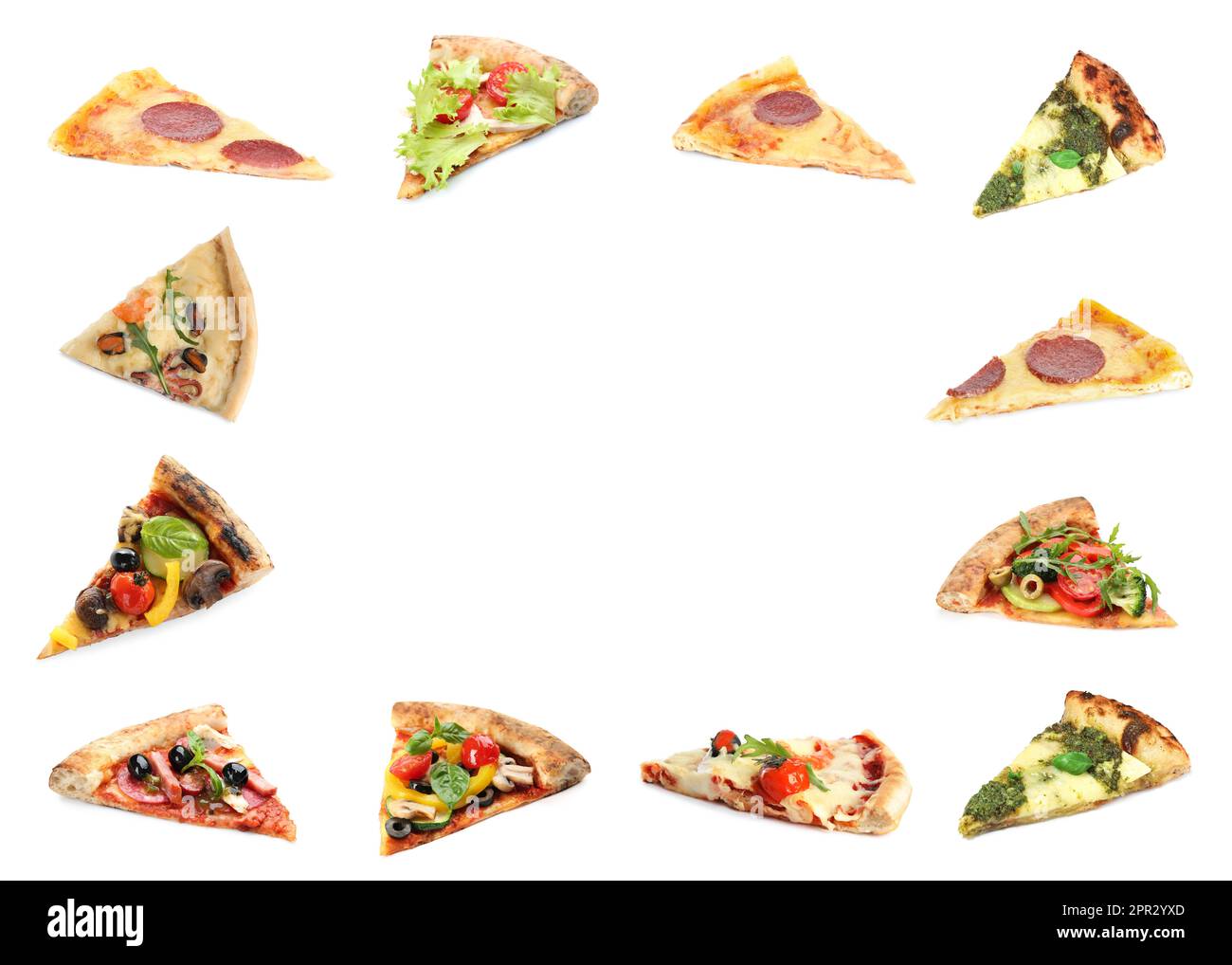 Frame made from slices of different pizzas on white background Stock ...