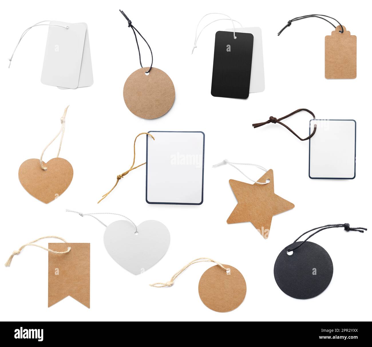 Set with different blank tags on white background, top view. Space for ...