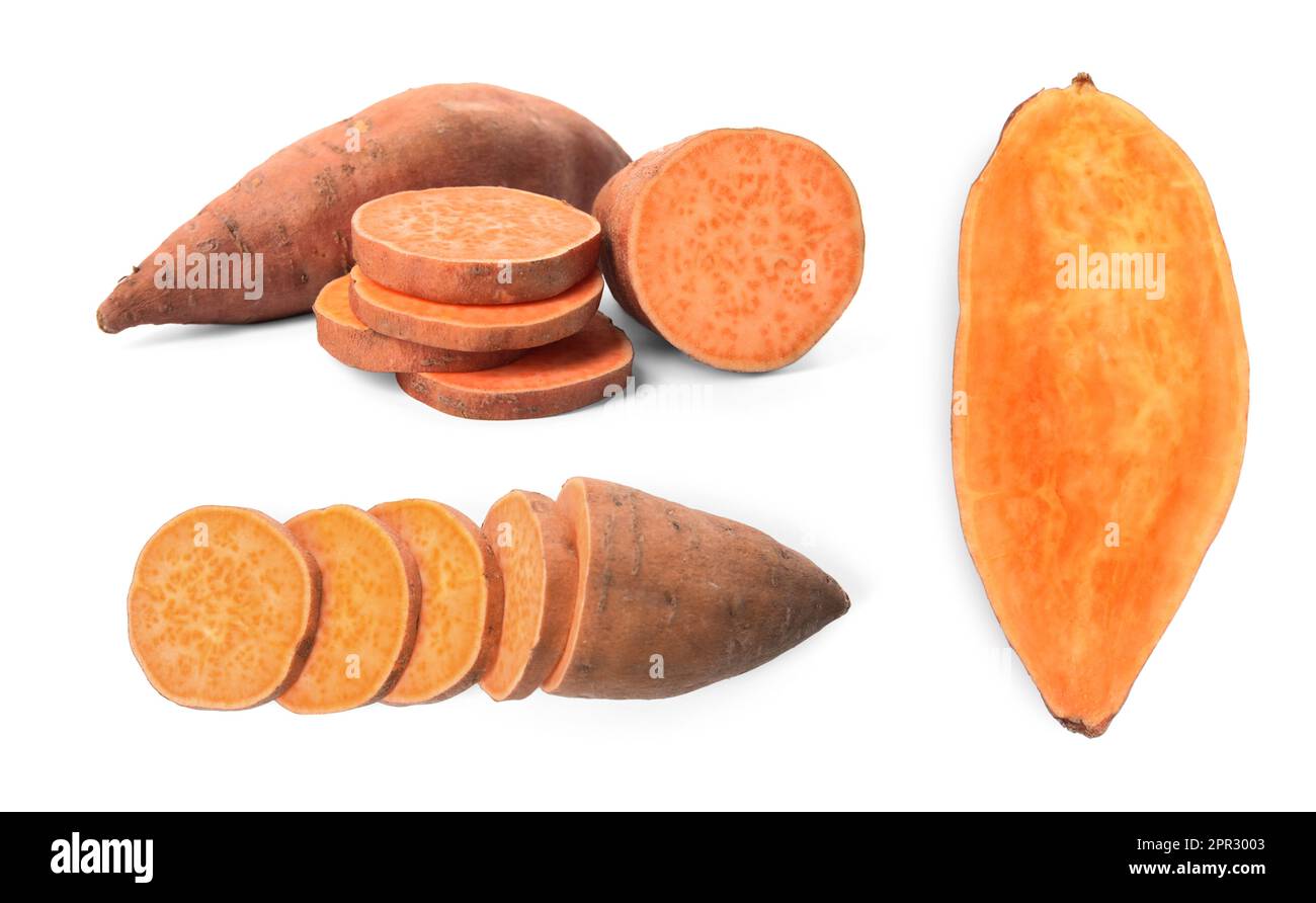 Set with whole and cut ripe sweet potatoes on white background Stock ...