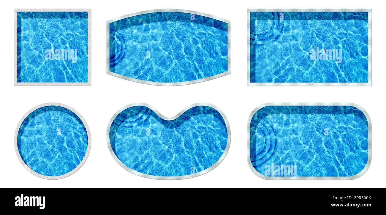 Set with swimming pools of different shapes on white background, top ...