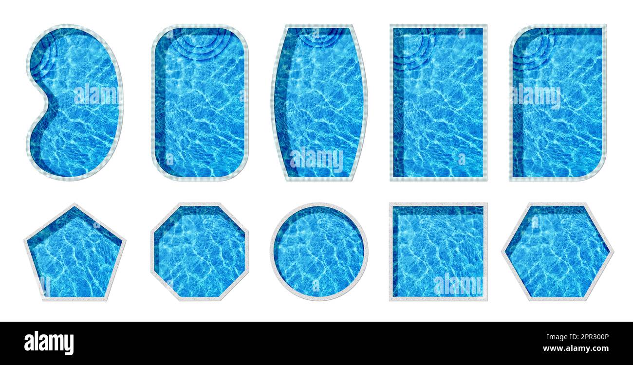 Set with swimming pools of different shapes on white background, top ...