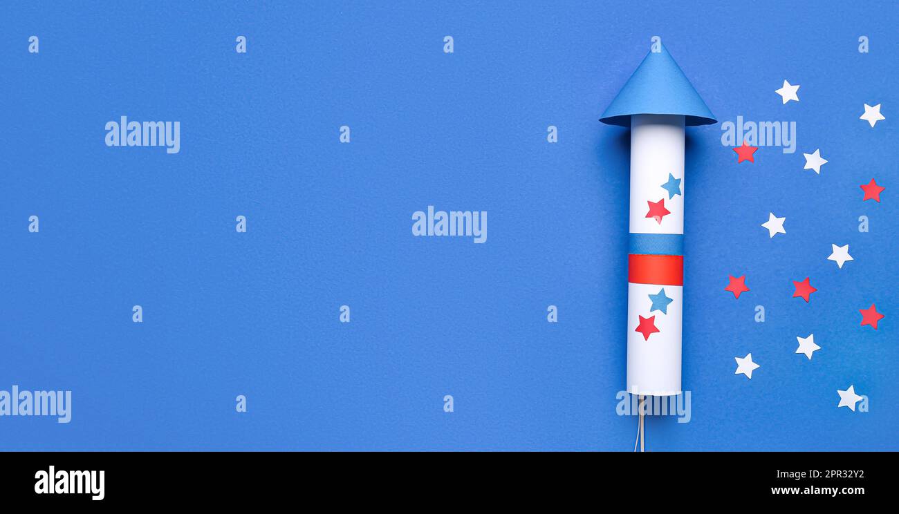 Firework rocket for USA Independence Day on blue background with space ...