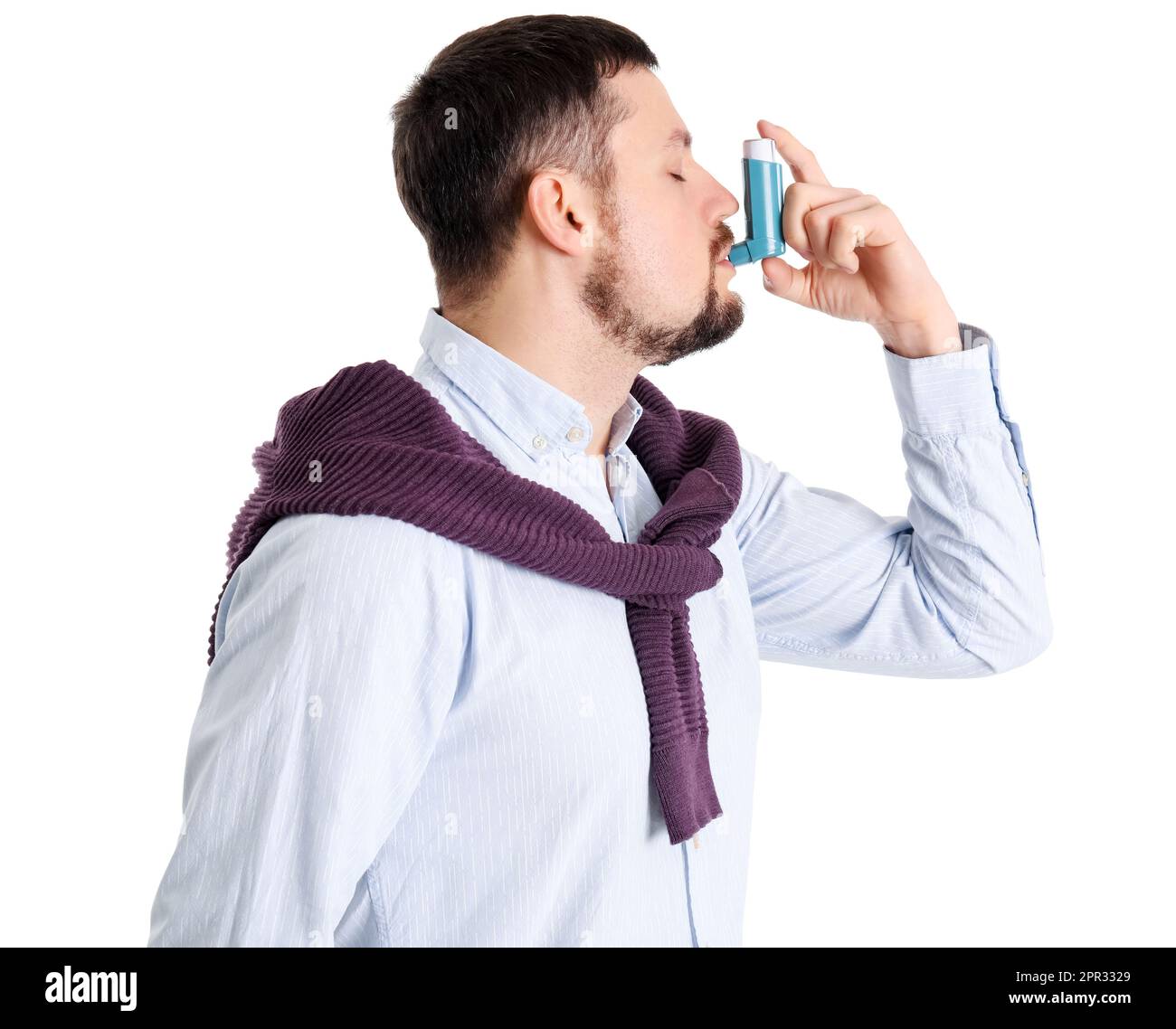 Sick man with inhaler on white background Stock Photo - Alamy