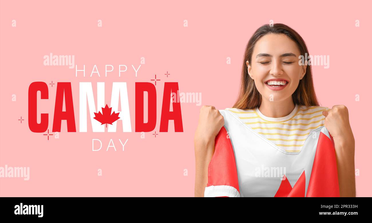 Happy young woman with Canadian flag on pink background. Canada Day ...