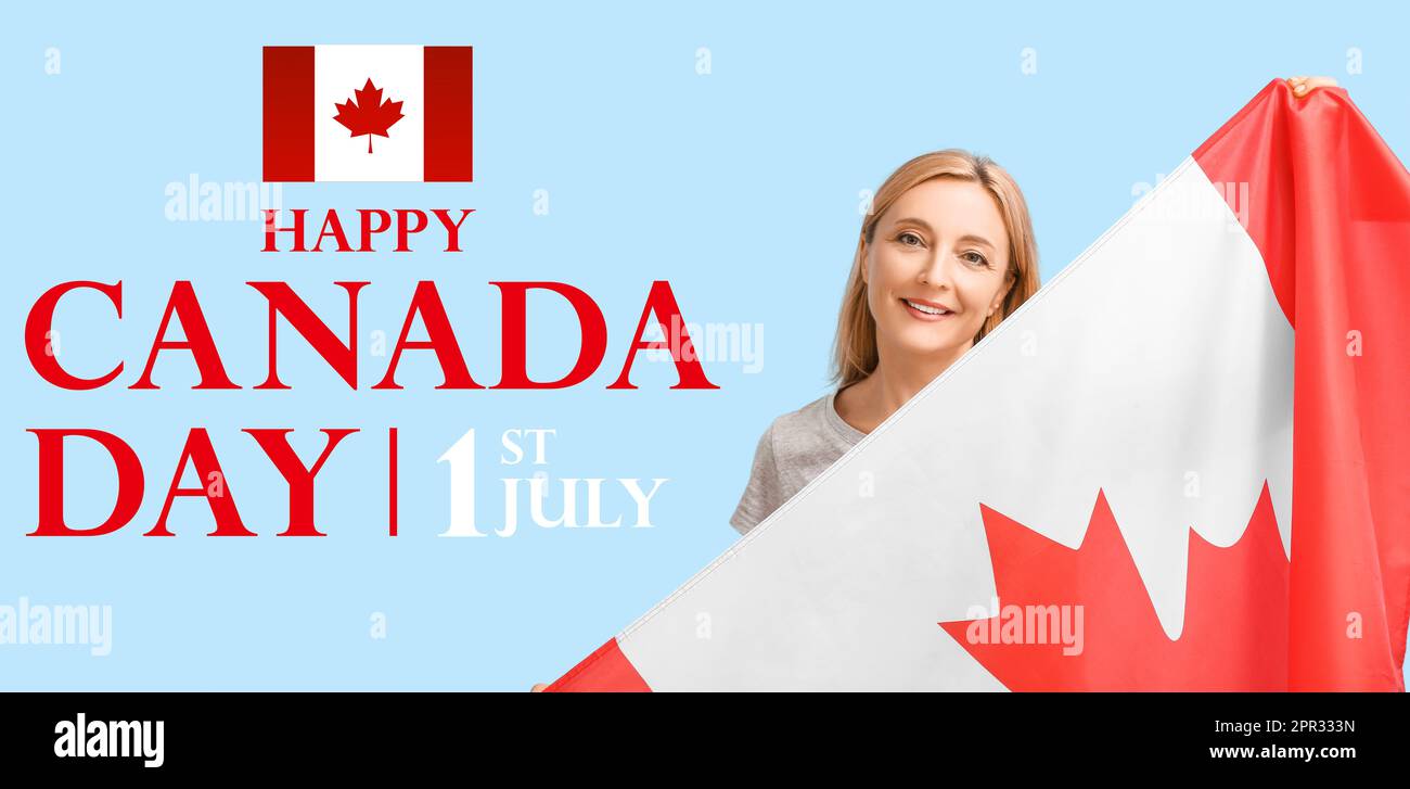 Mature woman with Canadian flag on light blue background. Happy Canada ...