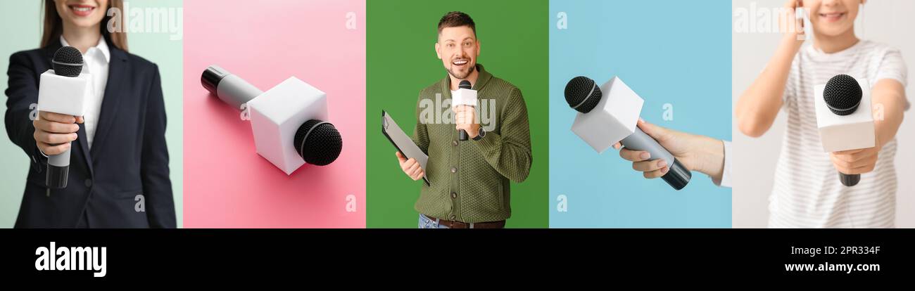 Collage with journalists and microphones on color background Stock ...