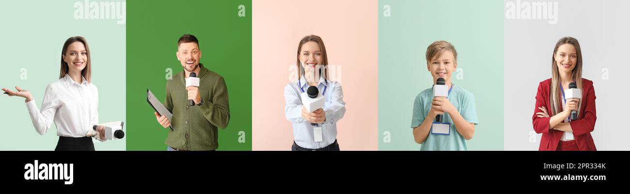 Different journalists on color background Stock Photo - Alamy