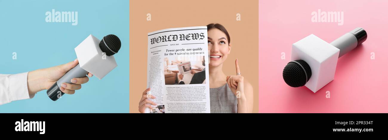 Collage with journalist, woman with newspaper and microphone on color ...