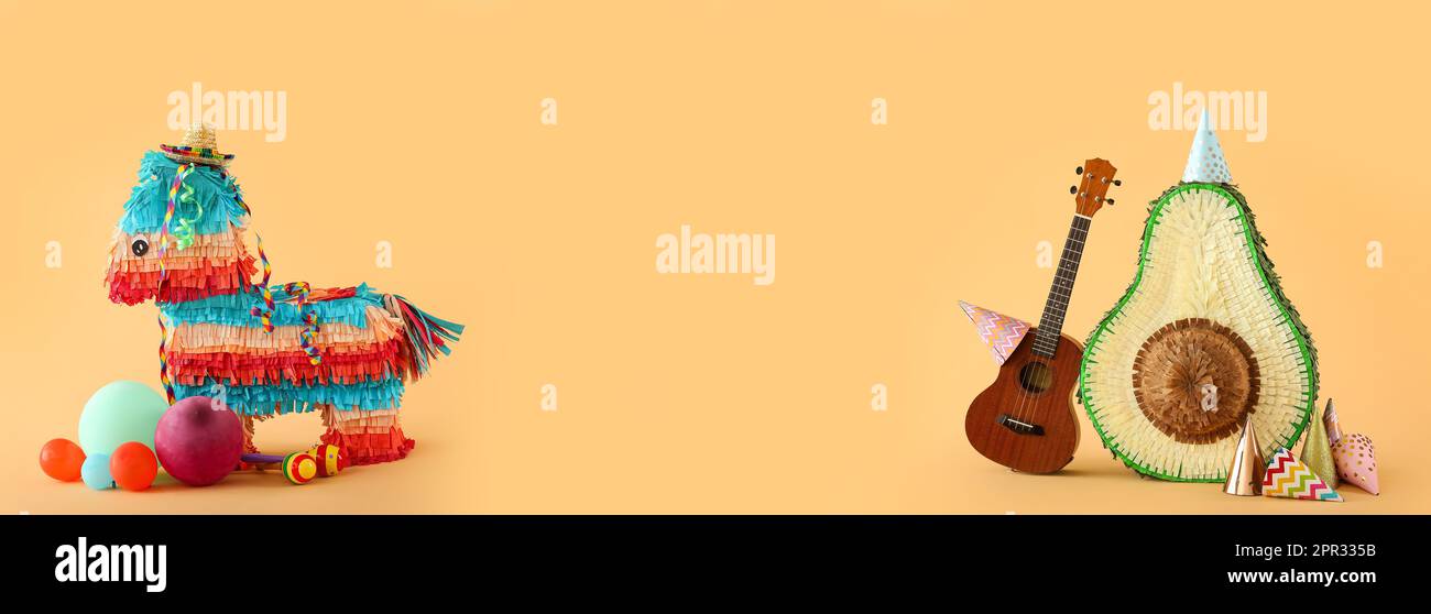 Banner with Mexican pinatas on beige background with space for text ...