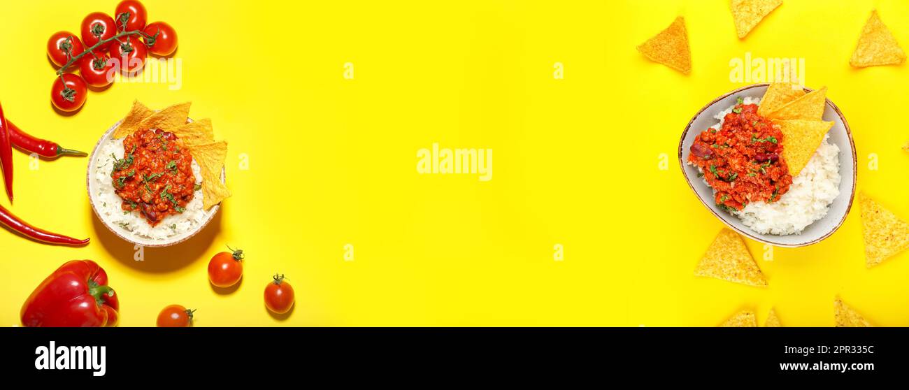 Banner with Mexican chili con carne on yellow background with space for ...