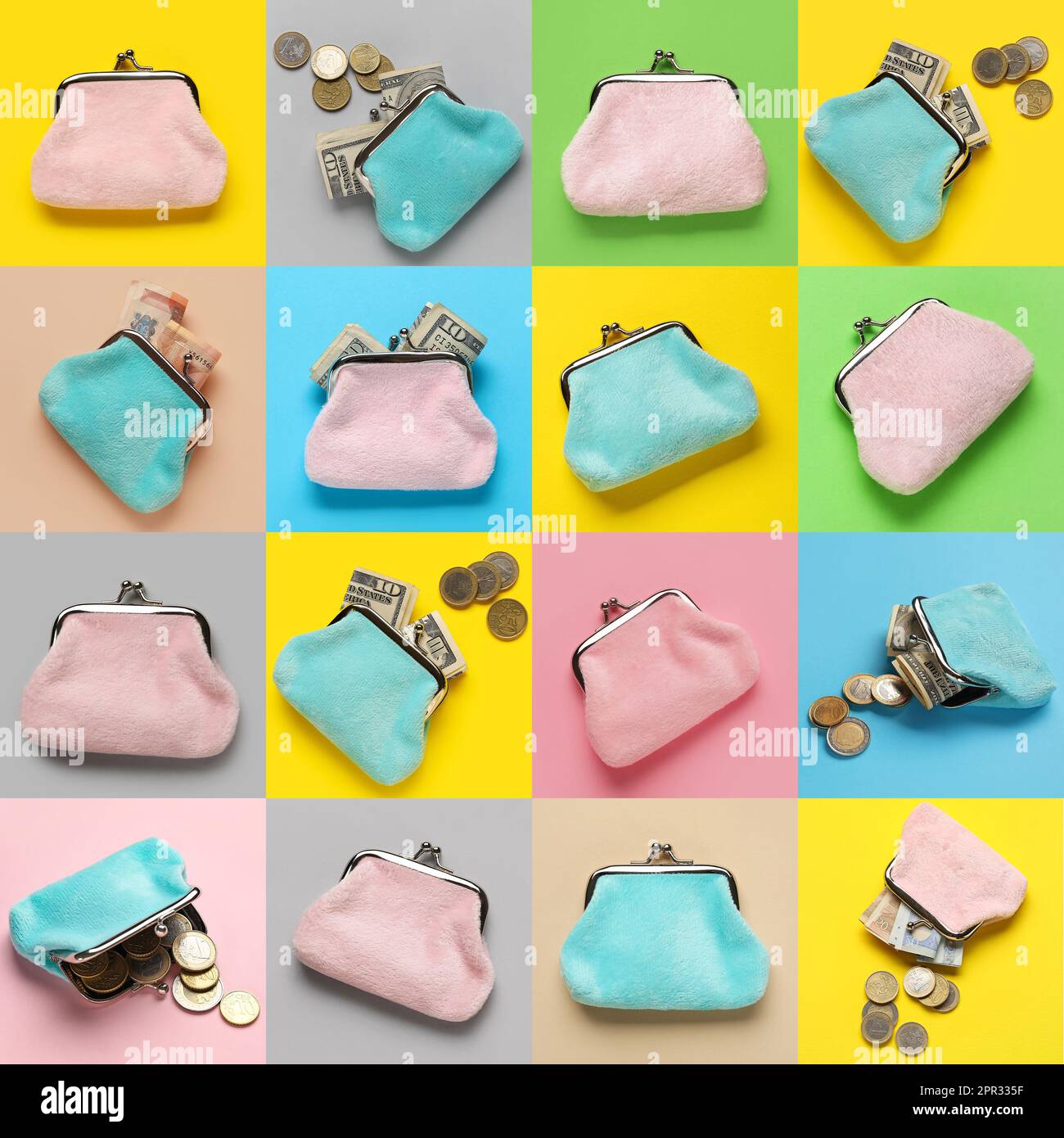 Collage with many purses on colorful background Stock Photo - Alamy