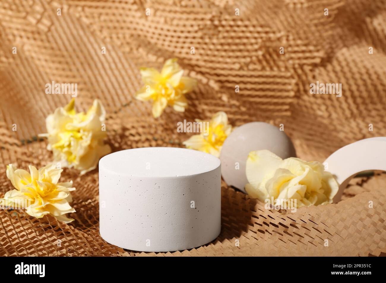 Decorative plaster podiums with flowers on paper background Stock Photo ...