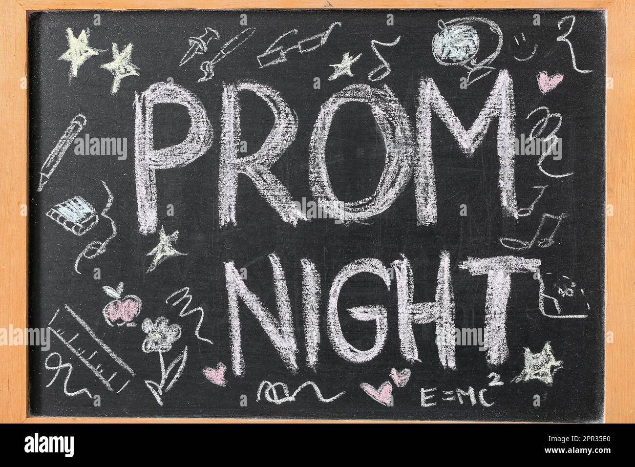 Chalkboard with text PROM NIGHT and drawings, top view Stock Photo - Alamy