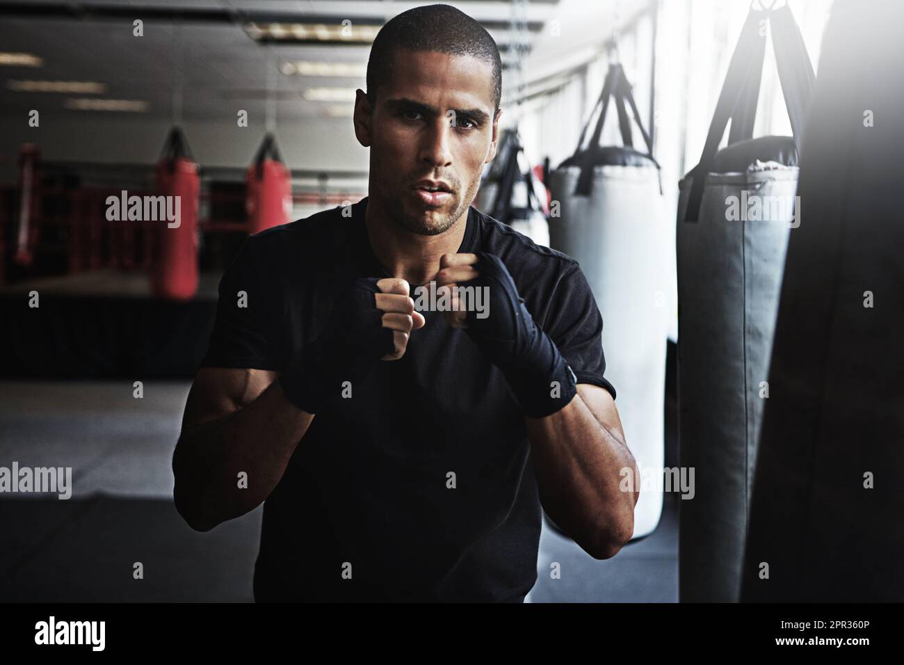 Fall seven times, stand up eight. a kick-boxer training in a gym Stock ...