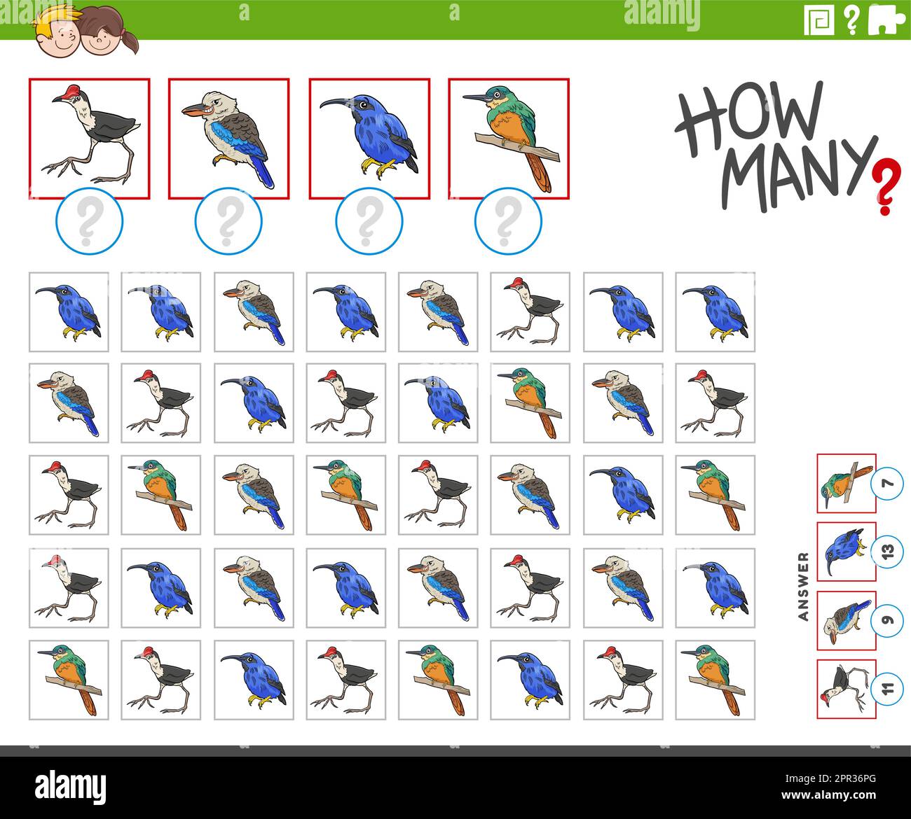 how many cartoon birds animal characters counting game Stock Vector ...