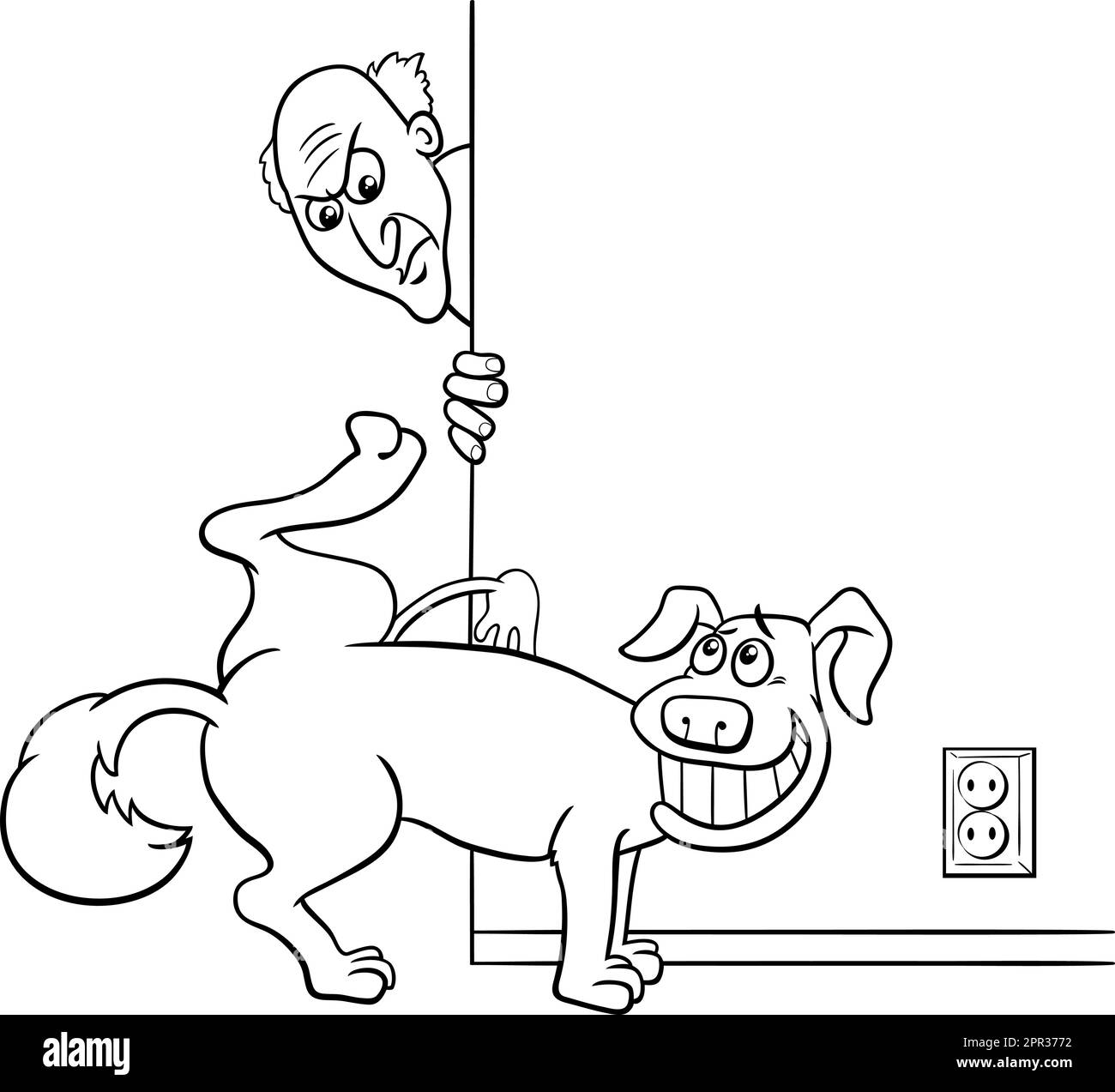 cartoon dog peeing at home and his angry owner coloring page Stock ...