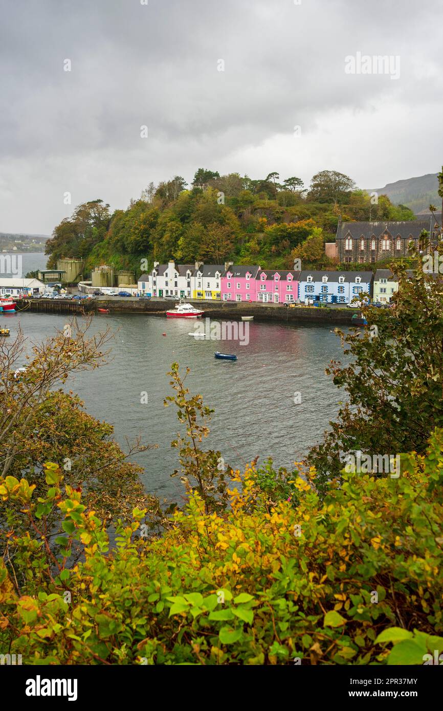 Autumn trees frame a colourful view of Portree Harbour on the Isle of ...