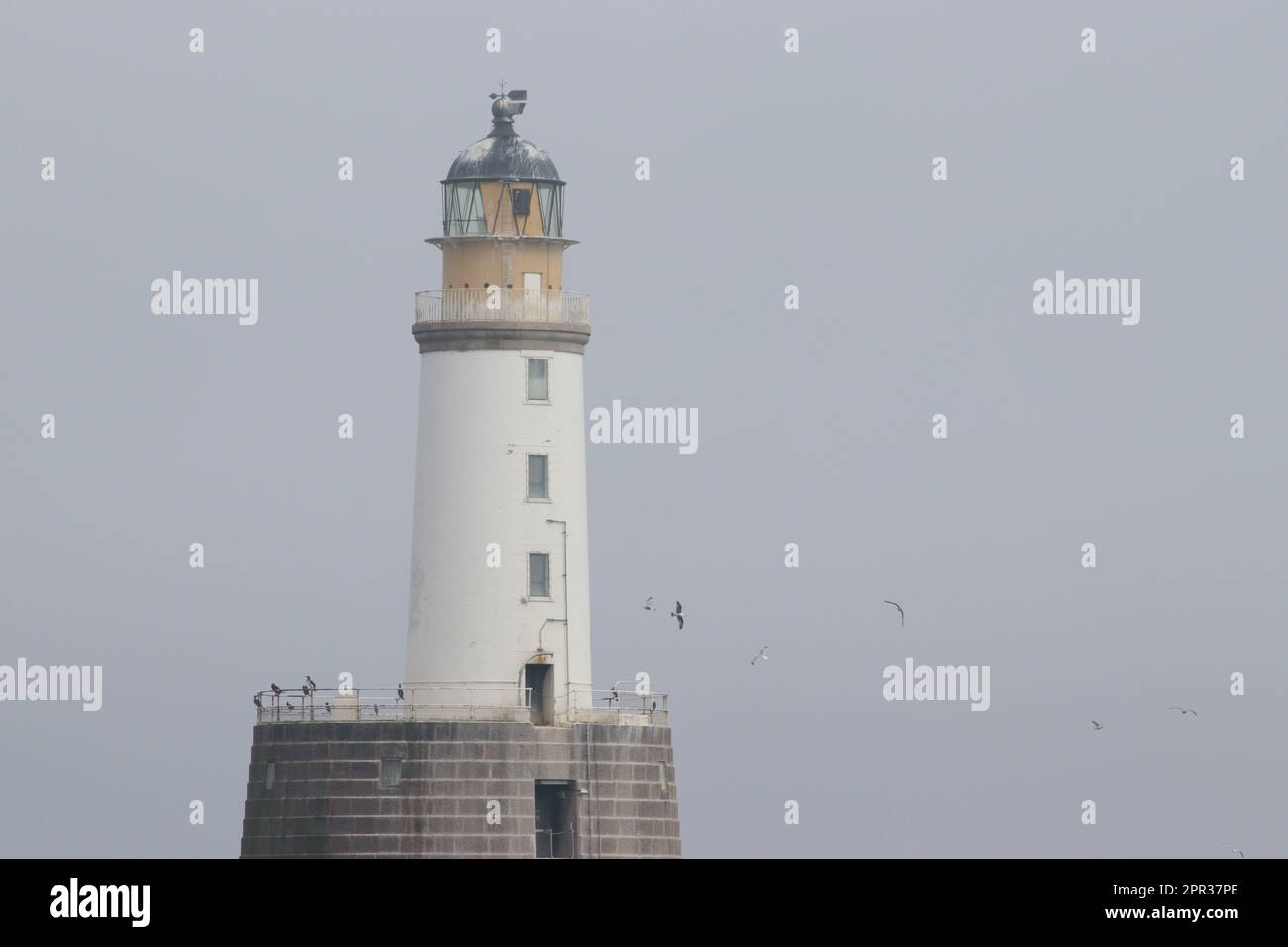 White lighthouse in mist Stock Photo - Alamy
