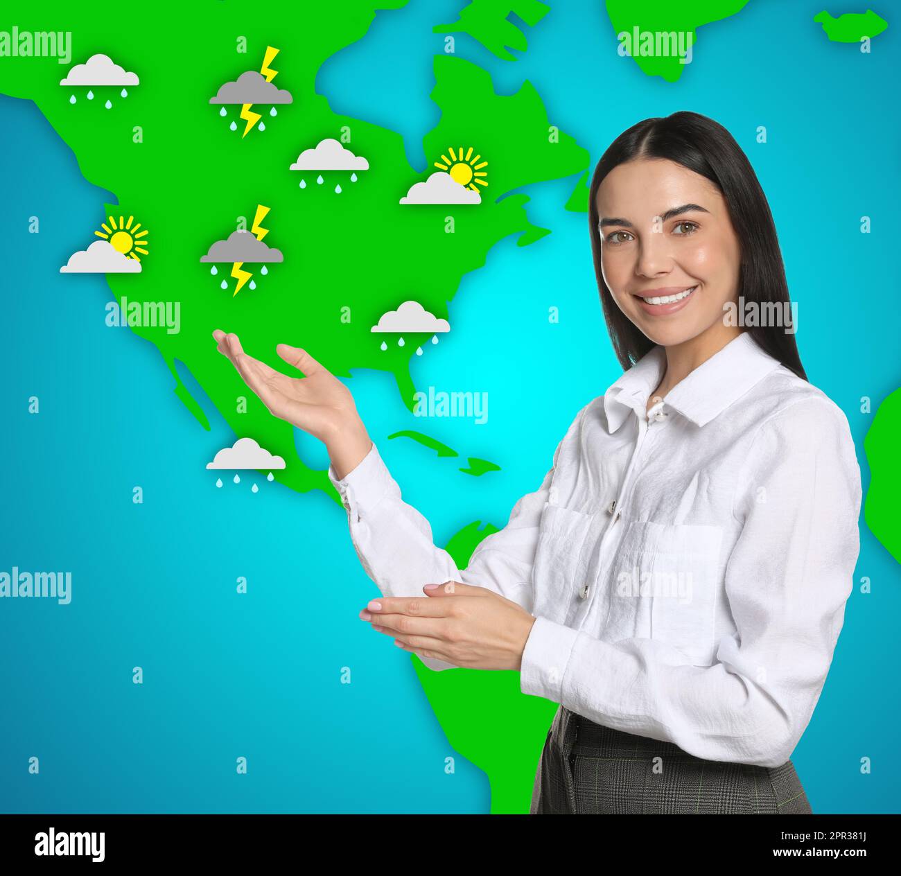 Beautiful woman near virtual screen with map that demonstrating weather ...