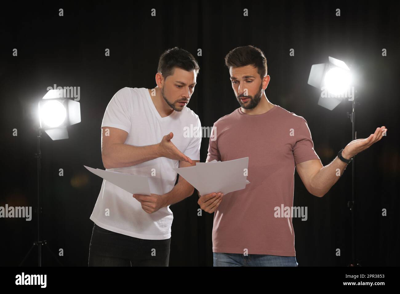 Professional actors reading their scripts during rehearsal in theatre ...