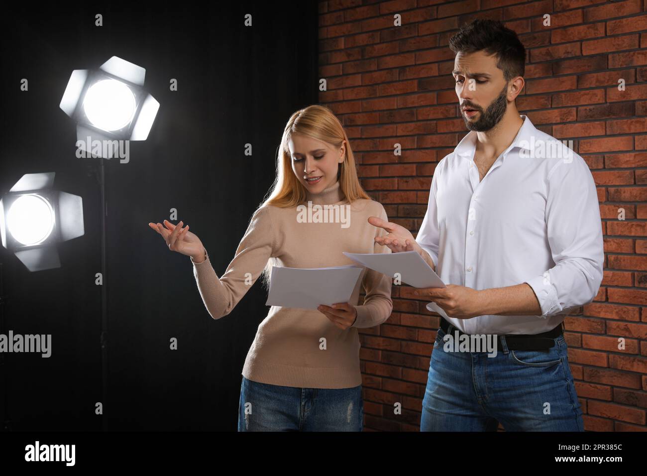 Professional actors reading their scripts during rehearsal in theatre ...