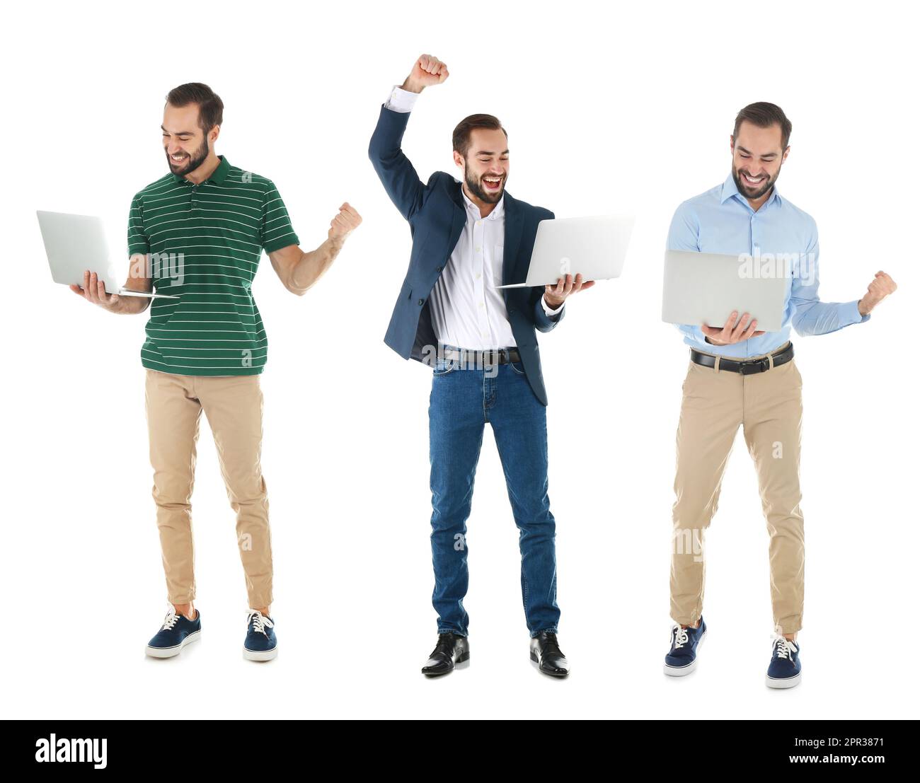 Collage with photos of man holding modern laptops on white background ...