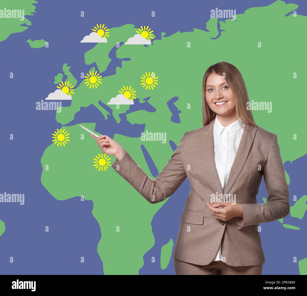 Beautiful woman near virtual screen with map that demonstrating weather ...