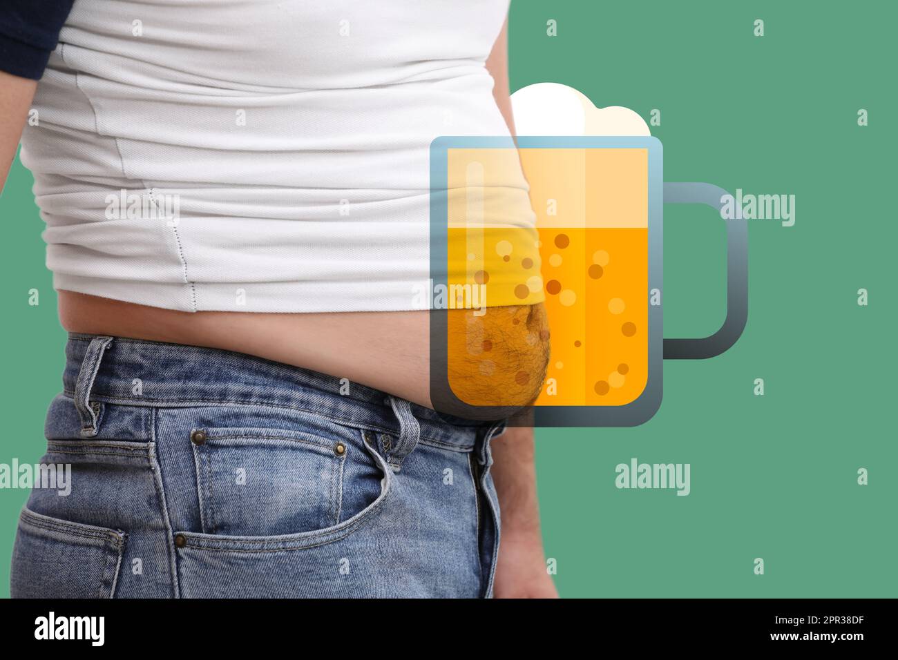 Beer belly problem. Overweight man on green background, closeup Stock ...