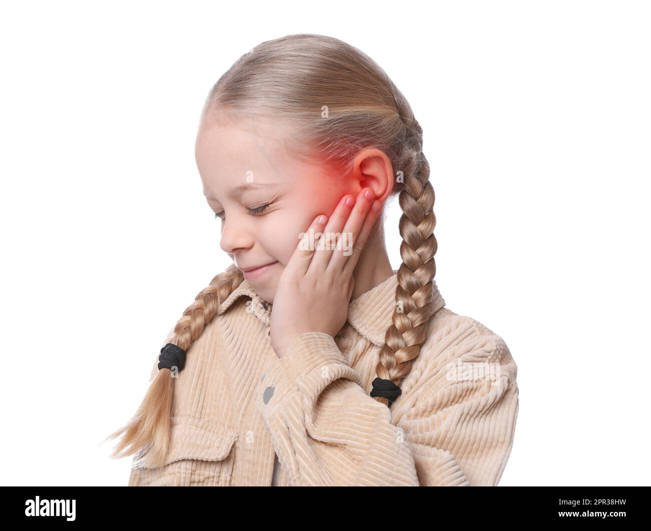 Little girl suffering from ear pain on white background Stock Photo - Alamy