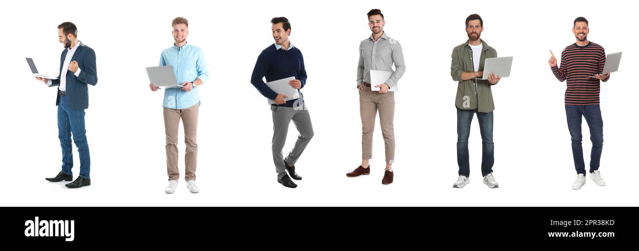 Collage with photos of men holding modern laptops on white background ...