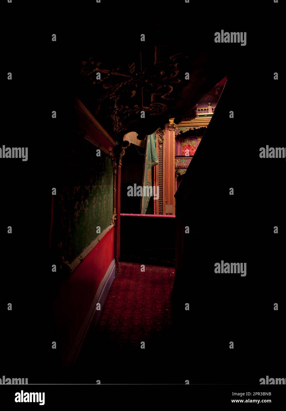 Inside a ruined theatre, the Hulme Hippodrome, Manchester, an abandoned ...